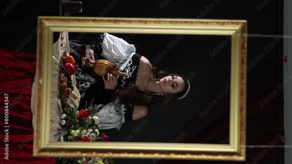 A woman in a Renaissance dress in a gold picture frame on a red ...