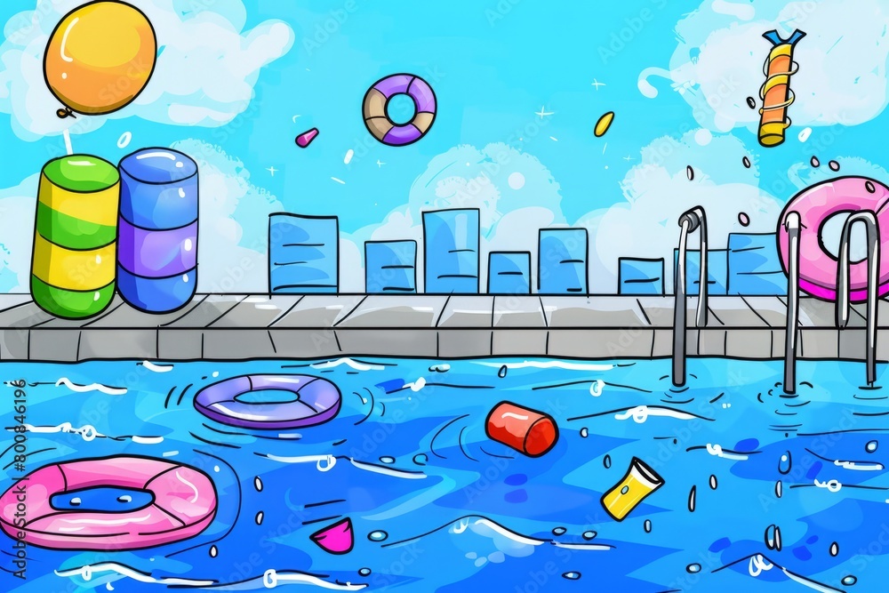 Cartoon cute doodles of a rooftop pool party, with inflatable toys ...