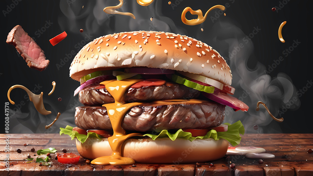 Grill burger, realistic 3d burgers falling in the air, grilled meat ...