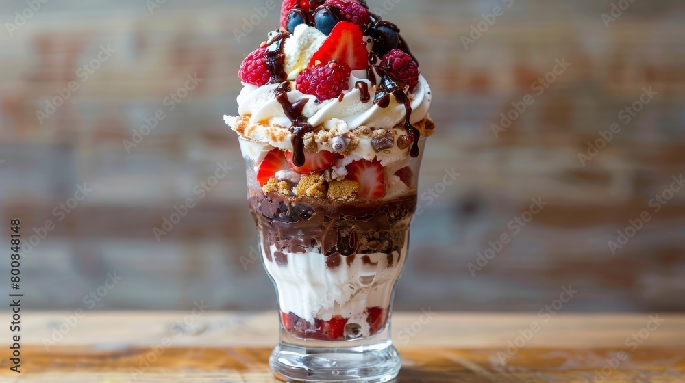 Lush image of a classic ice cream sundae, layers of creamy goodness and ...