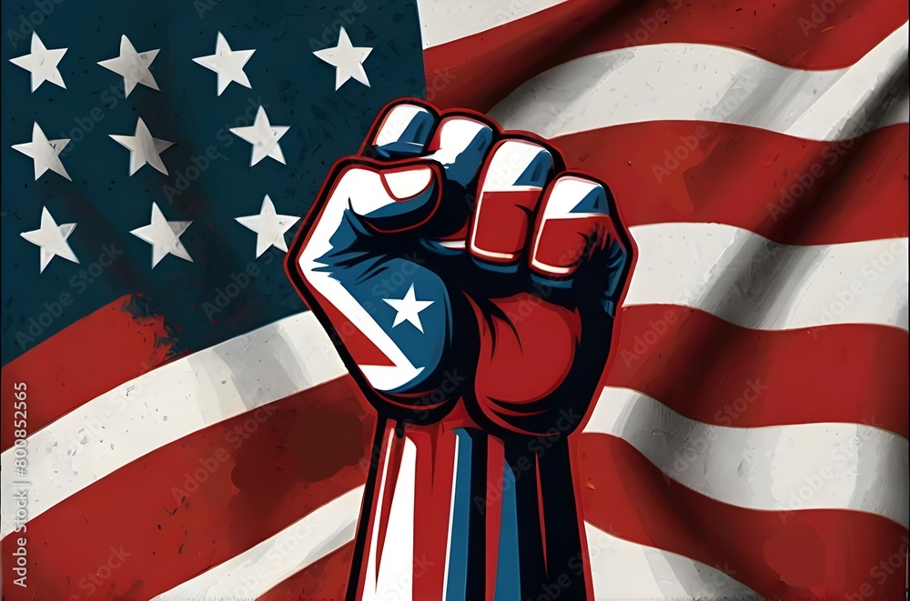 Raised fist symbol with USA flag background, May Day, May 1 ...