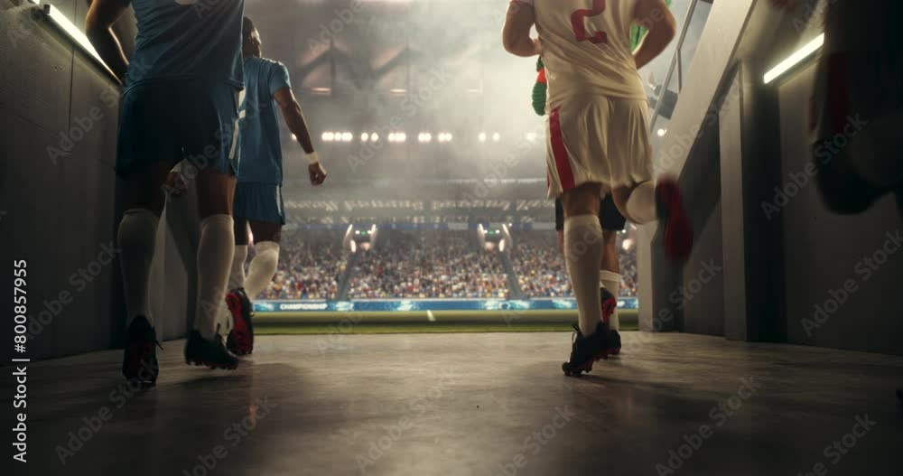 Two Multiethnic Football Teams Walking Out of the Tunnel onto the ...