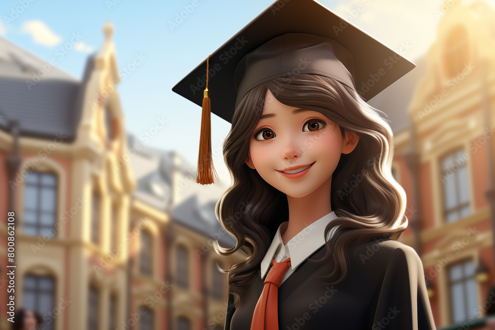 An animated image of a joyful graduate girl with big eyes, donning a ...