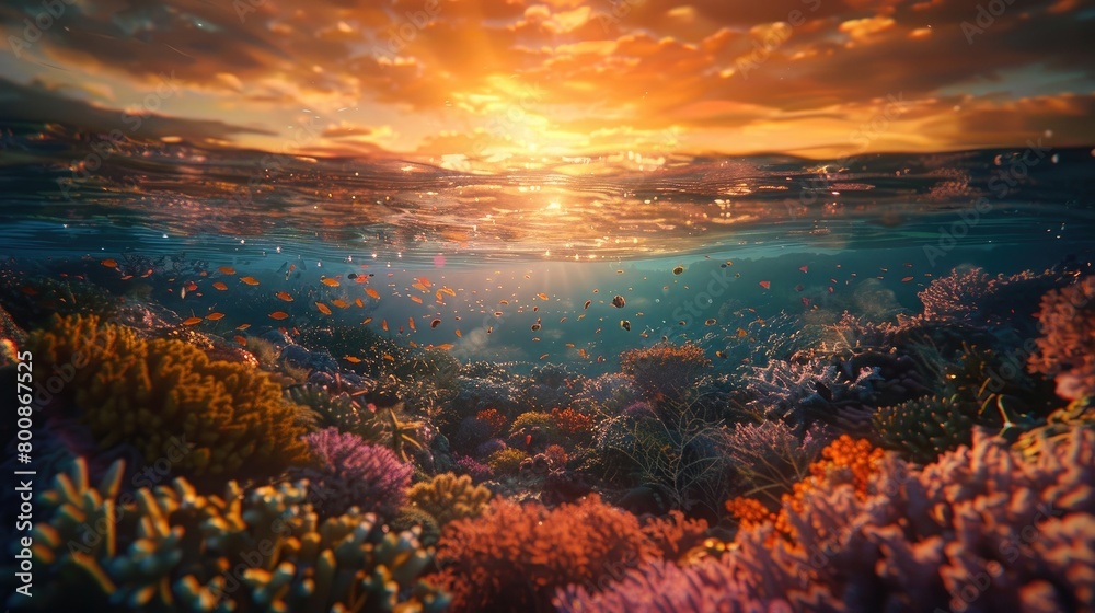 A breathtaking image of a coral reef at sunset, with warm hues casting ...