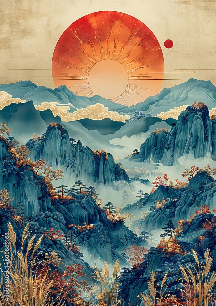 Symmetric Sun Motif in Art Deco Style: Teal and Blue Mountains with ...