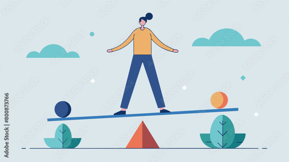 A person standing on a balance beam with one side labeled essentials ...