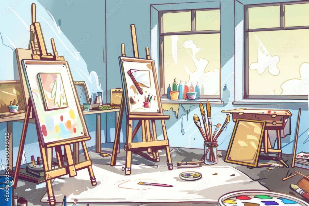 Cartoon cute doodles of a home art studio, with easels set up and paint ...