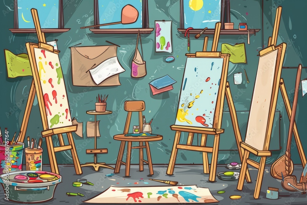 Cartoon cute doodles of a home art studio, with easels set up and paint ...