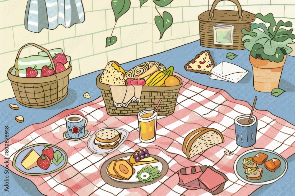 Cartoon cute doodles of a home picnic, with a picnic blanket spread out ...