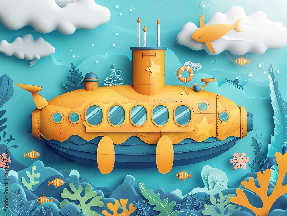Adventurous submarine birthday card mockup for kids, Paper art ...