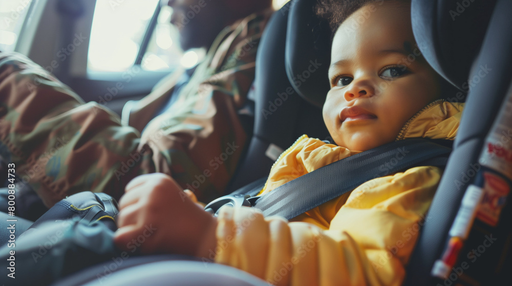 Securing Safety: Child in Car Seat with Parent Checking Belts Stock ...
