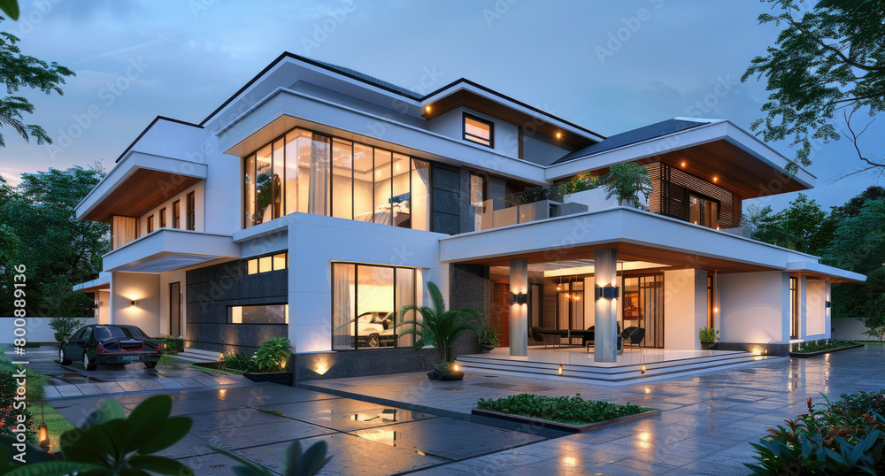 Modern house design in Kerala with white walls and brown windows, front ...