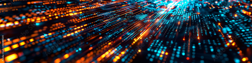 Ultra-wide view of an abstract digital battlefield, with streams of ...