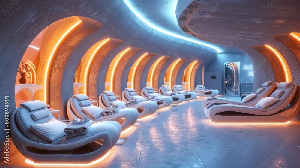 Ultra-modern, ergonomic spa chairs lined up in a luminous, high-tech ...