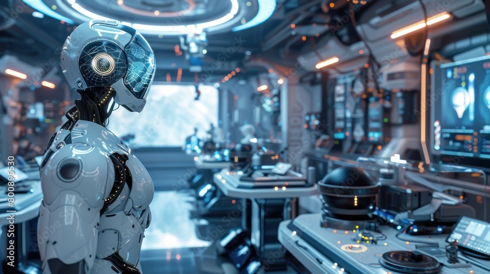 A humanoid robot meticulously operates an advanced control panel in a ...