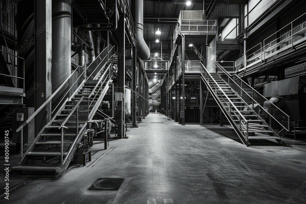 Black and white factory interior with stairs and catwalks Stock ...