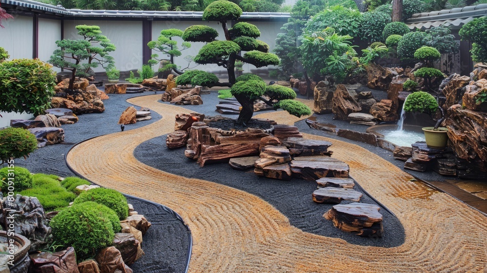 A peaceful garden with raked gravel paths and bonsai trees. Stock Photo ...