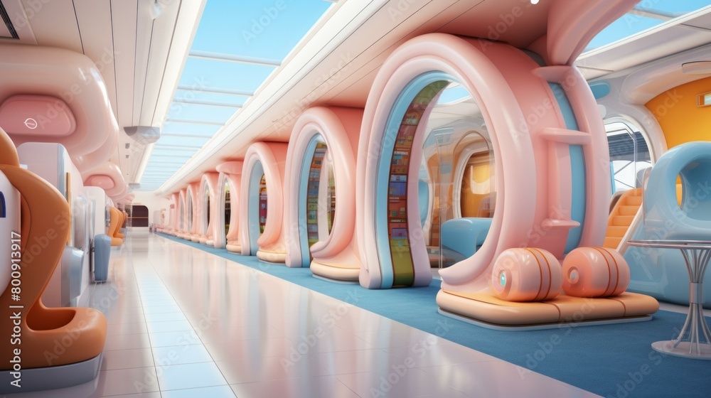 Futuristic spaceship interior with curved walls and large windows Stock ...