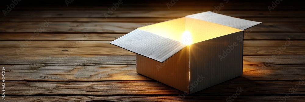 Mysterious glow square cardboard box revealing a golden light, inviting ...