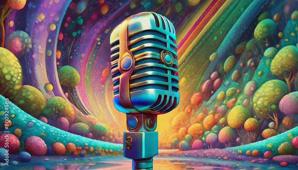 cartoon illustration abstract art of microphone with glowing rainbow ...