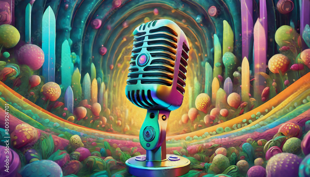 cartoon illustration abstract art of microphone with glowing rainbow ...