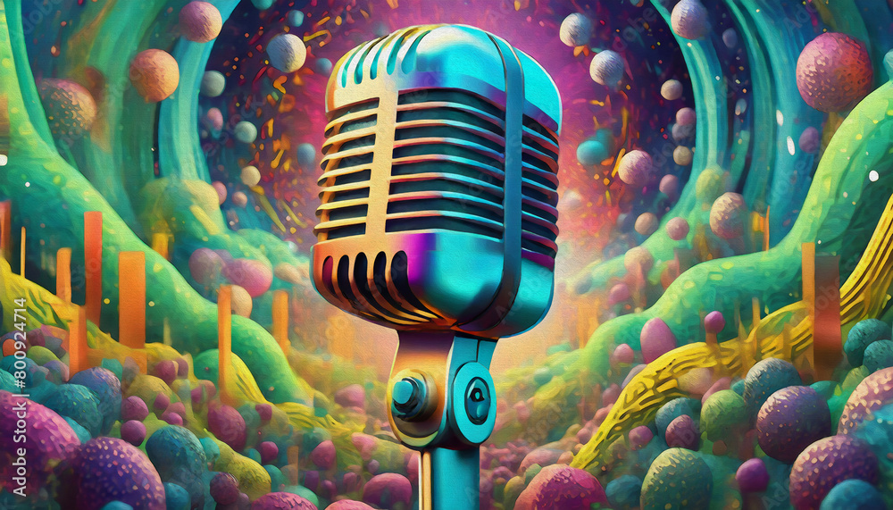 cartoon illustration abstract art of microphone with glowing rainbow ...
