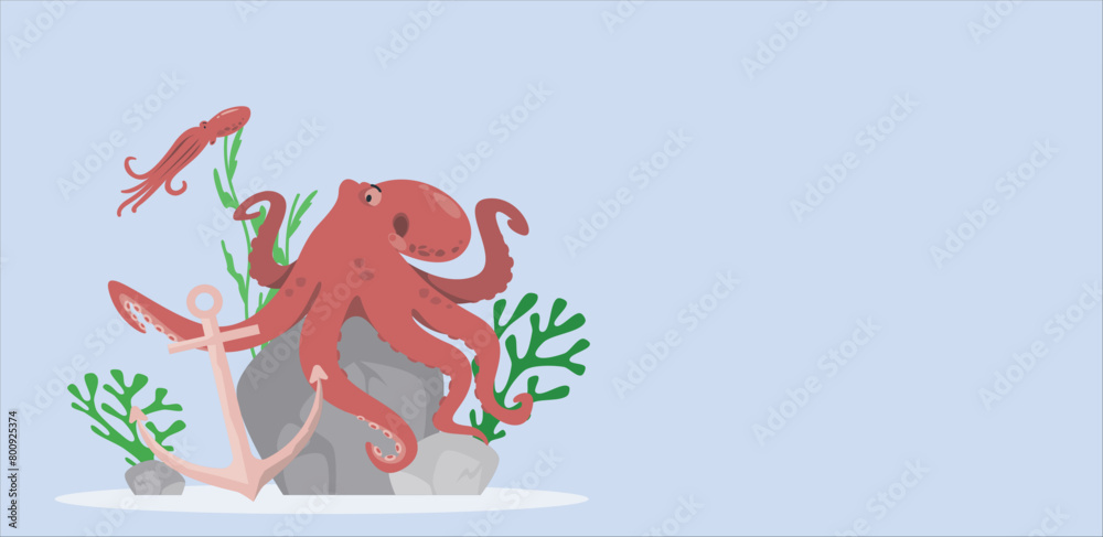 Underwater Anchor and Octopus vector illustration. Sea creatures in ...