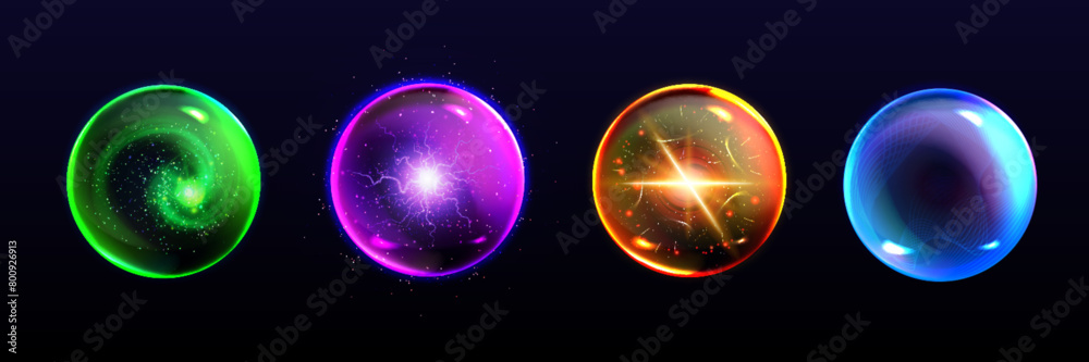 Magic ball with light glow effect. Realistic 3d vector illustration set ...
