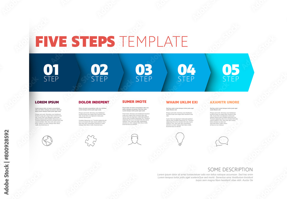 Five blue progress block steps template with descriptions and icons on ...