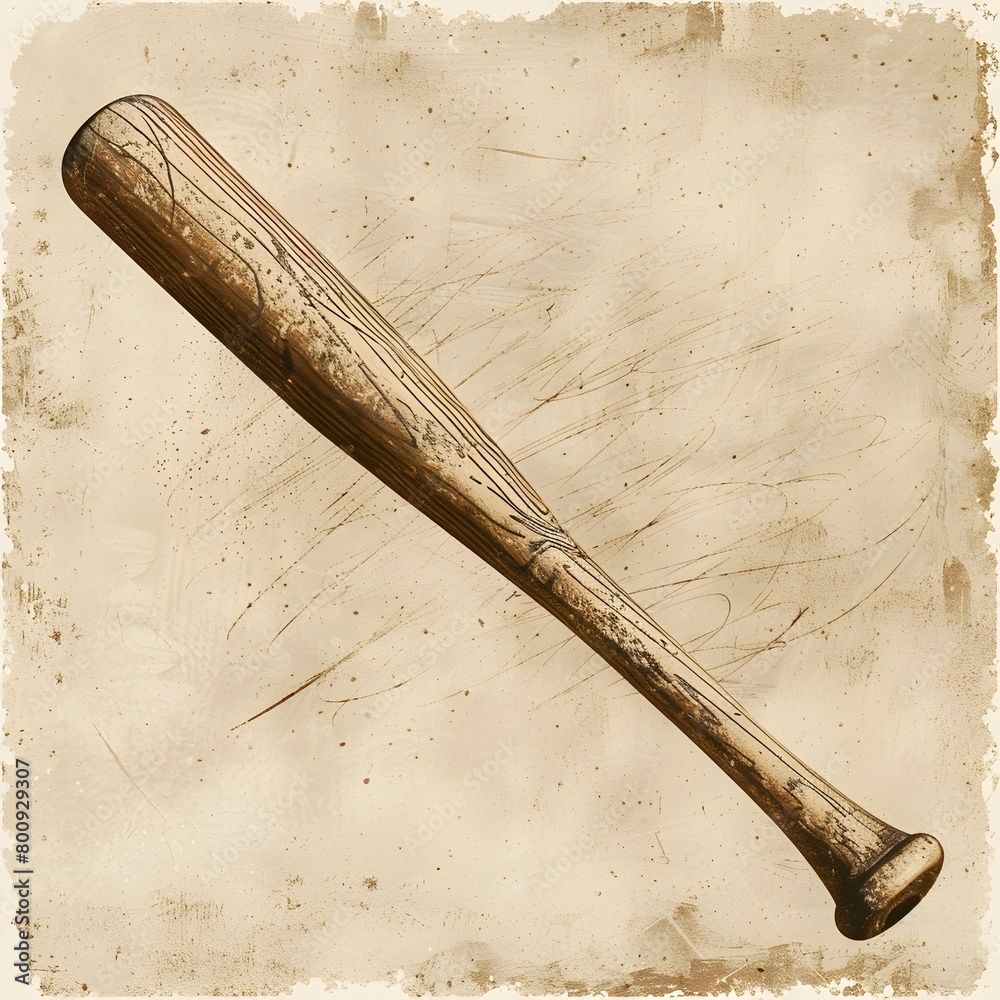 Vintage Style of a Well Worn Baseball Bat with Weathered Wood Grain and ...