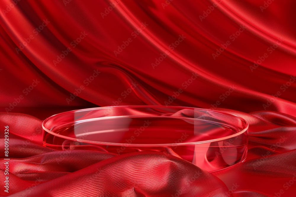Round transparent glass platform Podium background 3D on red wave silk ...