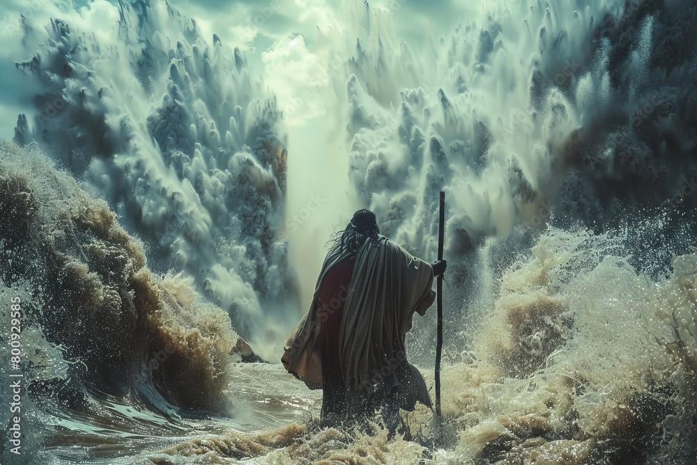 Biblical Moses splitting the red sea with his staff and creating a ...