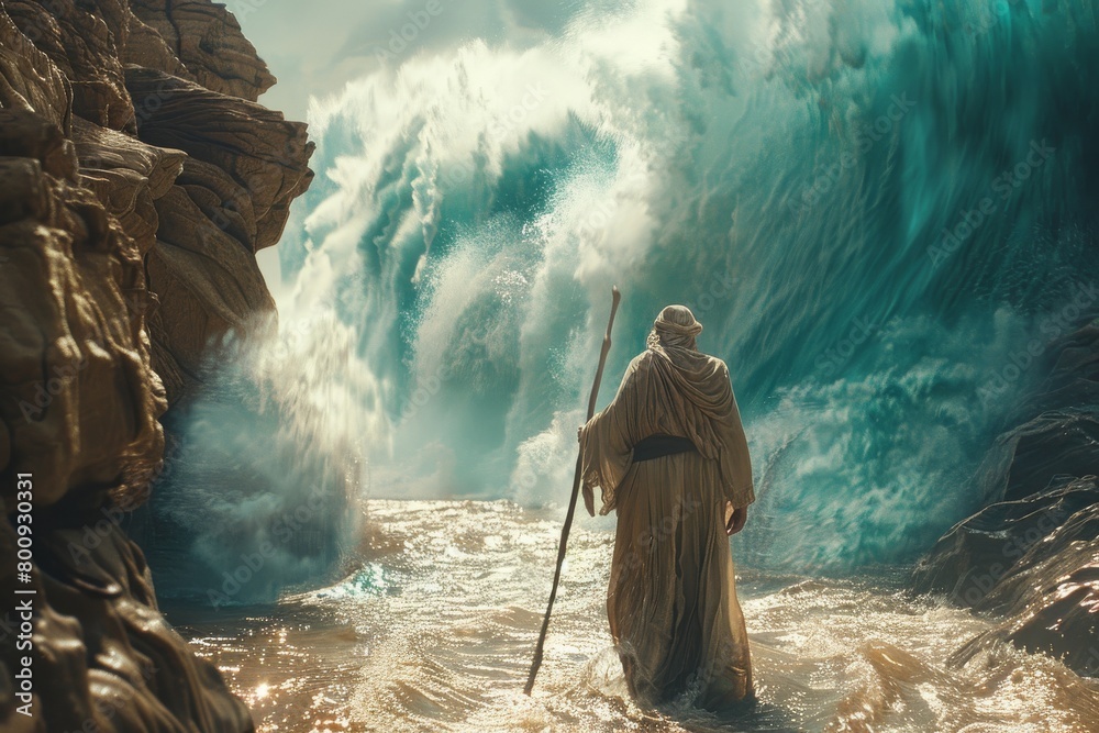 Biblical Moses splitting the red sea with his staff and creating a ...