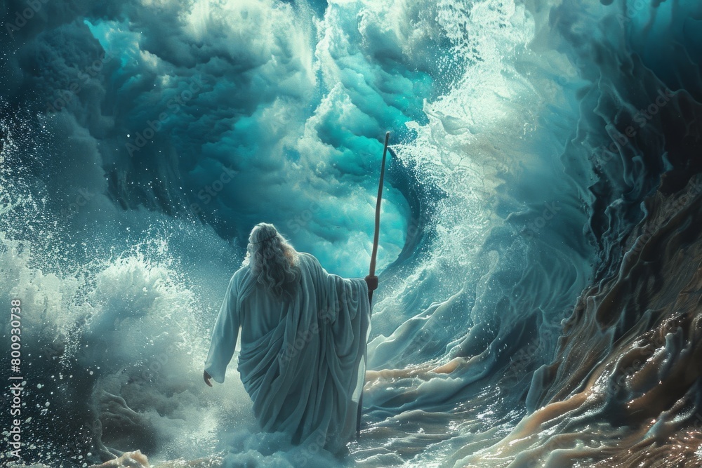 Biblical Moses splitting the red sea with his staff and creating a ...
