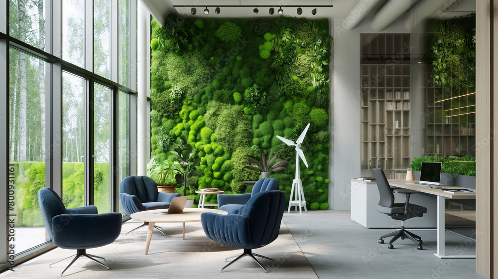 Sustainable office, green interior for working, coworking place ...