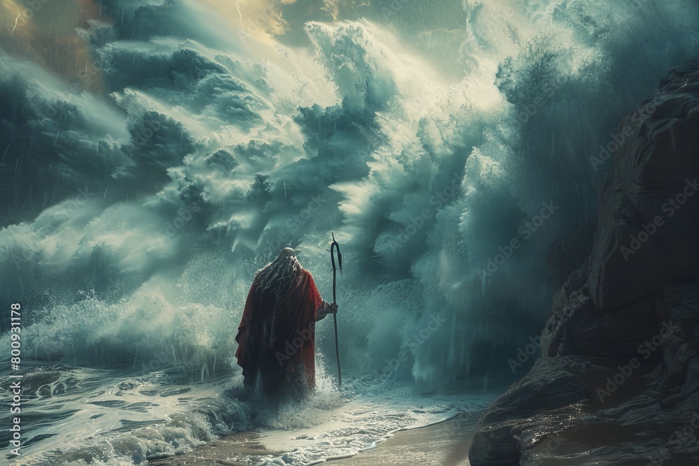 Biblical Moses splitting the red sea with his staff and creating a ...