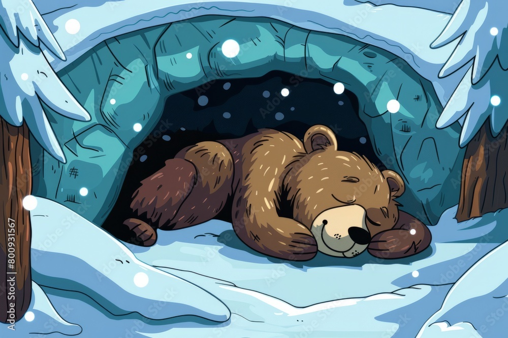 Cartoon cute doodles of a sleeping bear hibernating in its cozy cave ...