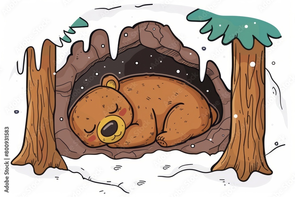 Cartoon cute doodles of a sleeping bear hibernating in its cozy cave ...