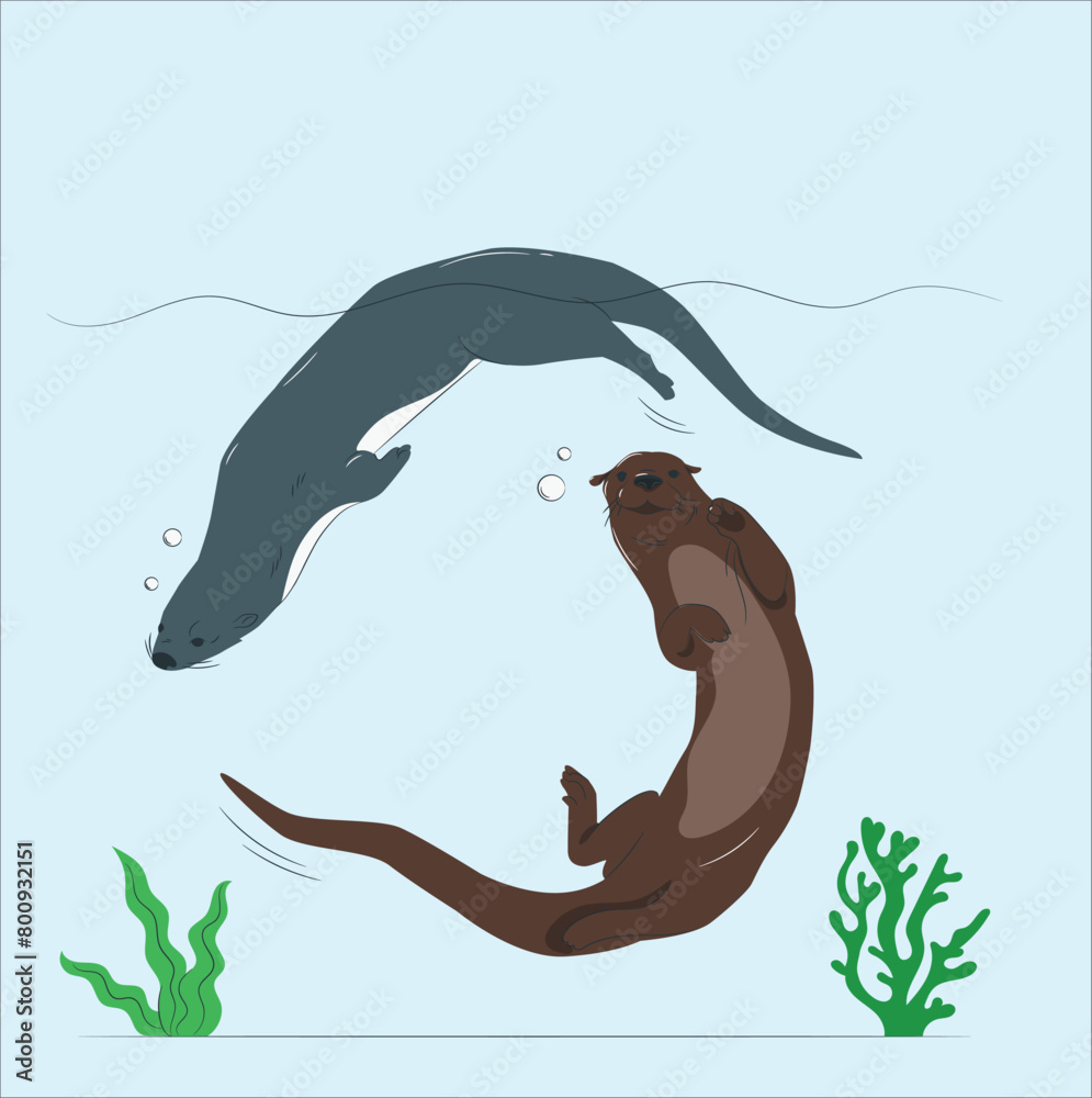 Vetor de Eurasian otter (Lutra lutra) swimming underwater. Cute otter ...