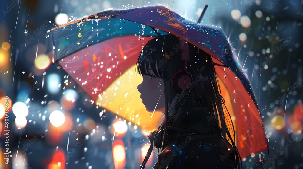 Lo-fi anime girl alone listen to music, rainy night under umbrella ...