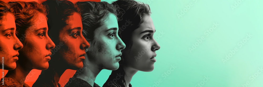 A poster of four women with faces superimposed on each other. The ...