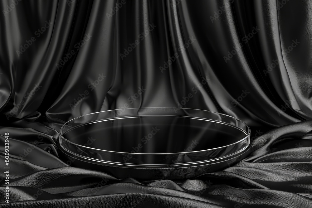 Round transparent glass platform Podium background 3D on black wave ...