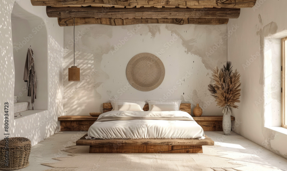 Greek island architecture style bedroom interior design with rustic ...
