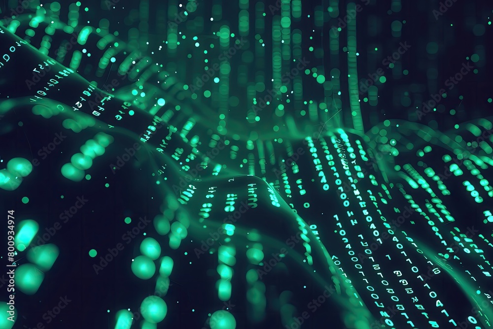 Randomized pattern of neon green security codes floating in a dark ...