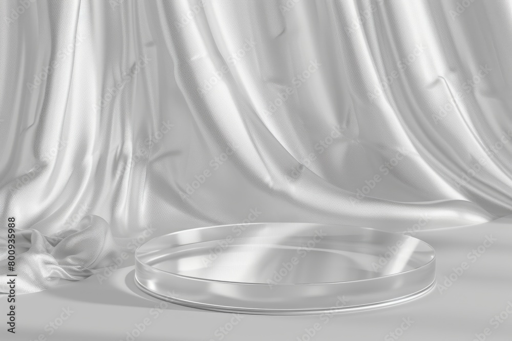 Round transparent glass platform Podium background 3D on silver color ...