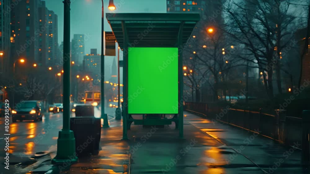 Bus stop in New York city with vertical digital OOH mockup with green ...