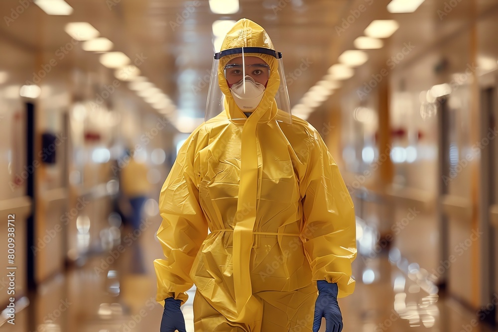 A hospital janitor wearing PPE while cleaning rooms used by ...