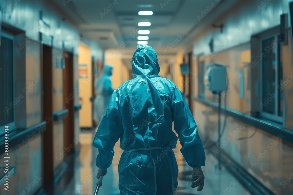 A hospital janitor wearing PPE while cleaning rooms used by ...