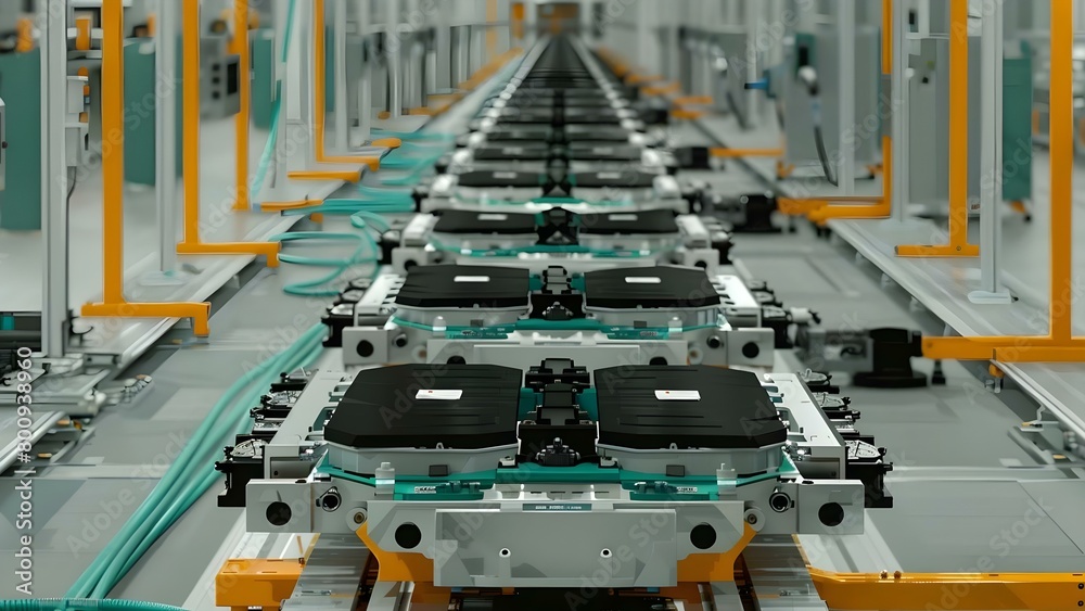 Closeup view of electric vehicle battery cell assembly line in mass ...
