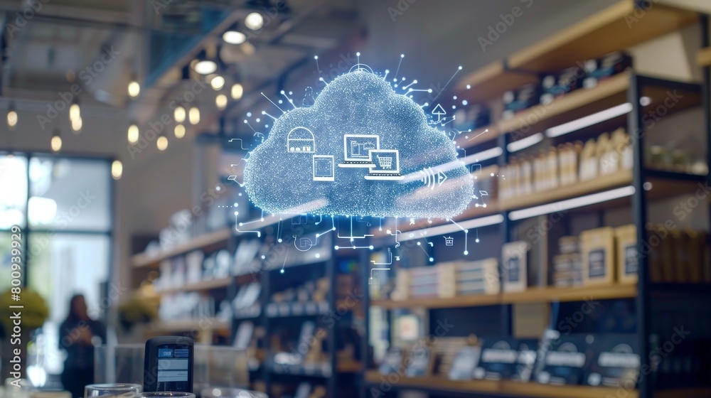 Cloud computing in retail, digital storefront displaying real-time cloud analytics, shoppers ...